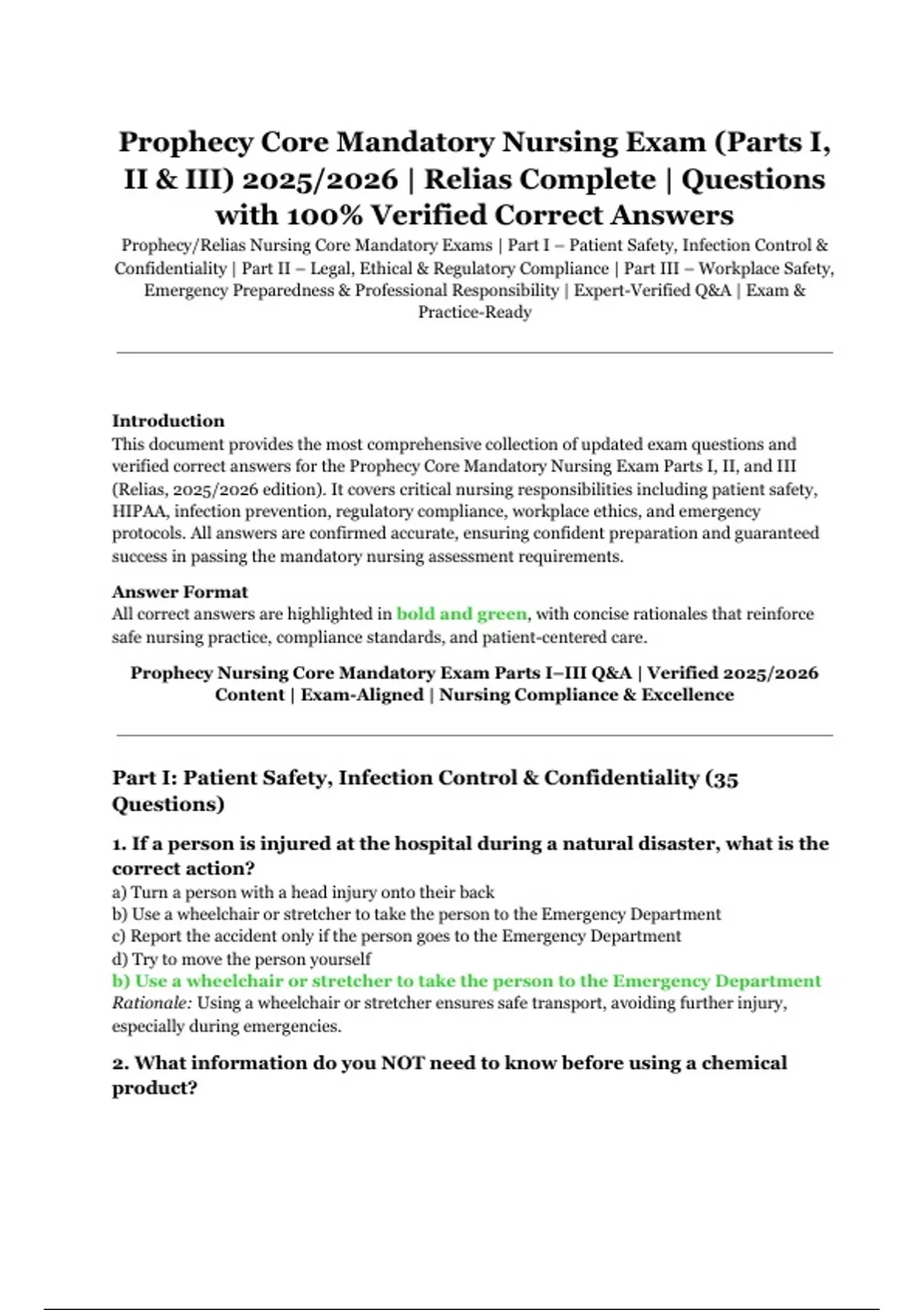 Prophecy Core Mandatory Nursing Exam (Parts I, II & III) 2025/2026 ...