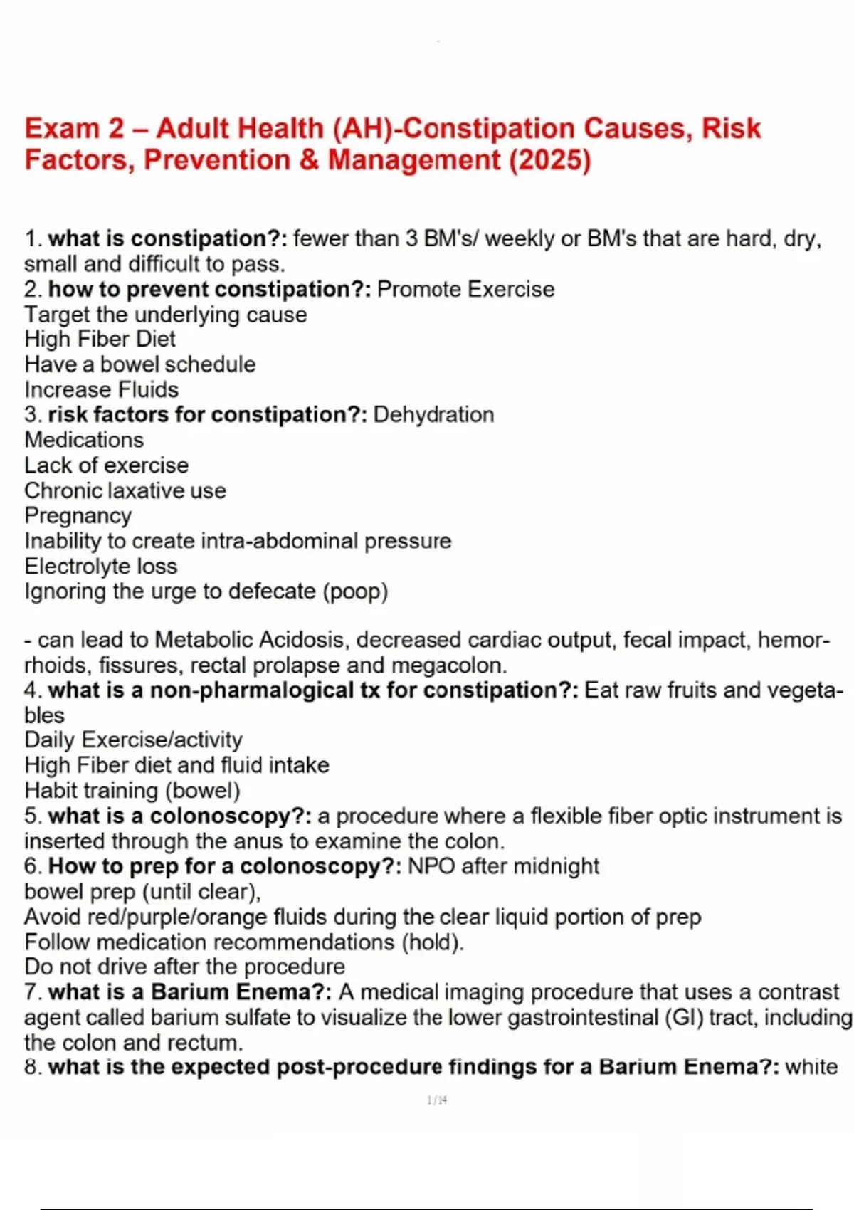 Exam 2 – Adult Health (AH)-Constipation Causes, Risk Factors ...
