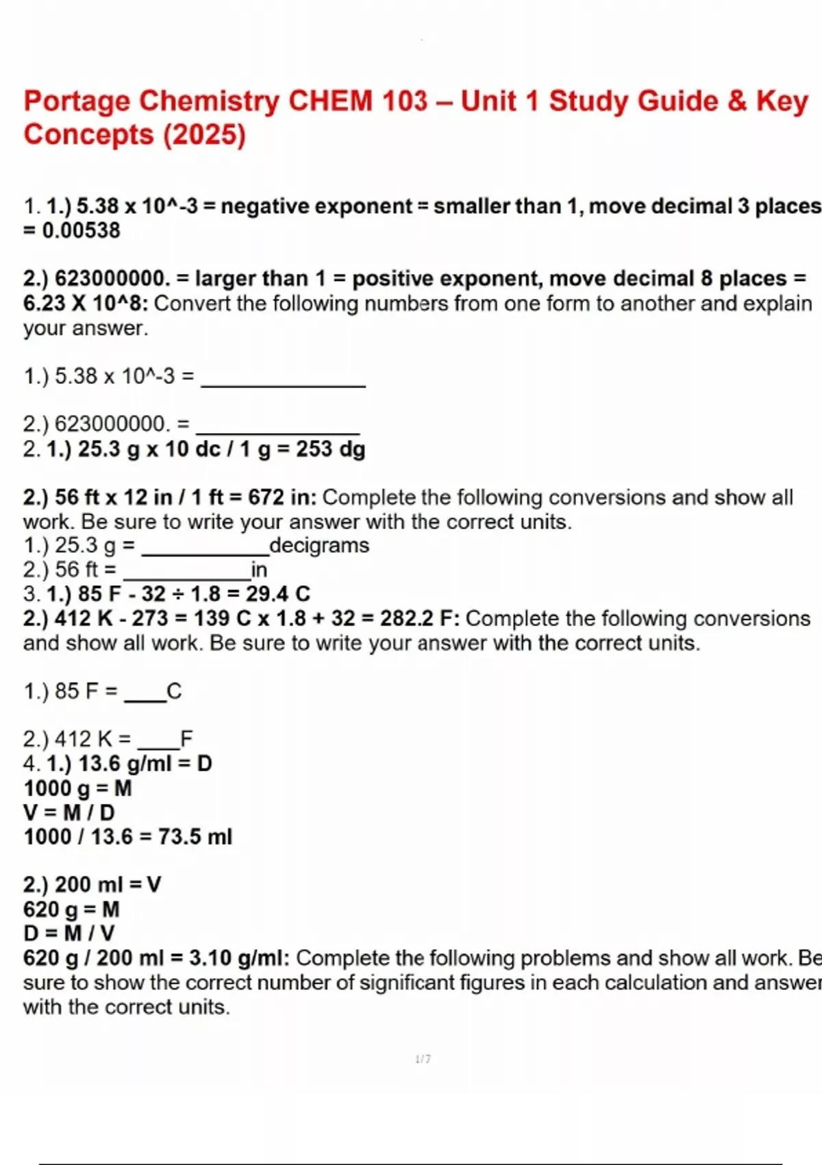 Portage Chemistry CHEM 103 – Unit 1 Study Guide & Key Concepts (2025 ...