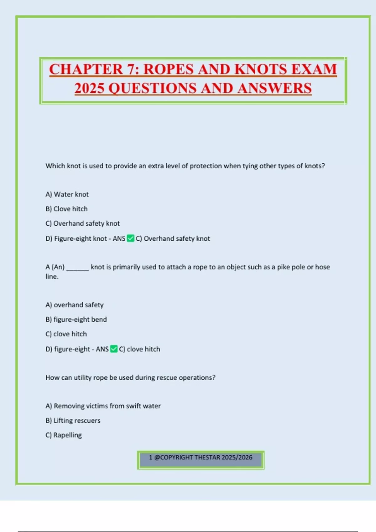 CHAPTER 7: ROPES AND KNOTS EXAM 2025 QUESTIONS AND ANSWERS - KNOT ...