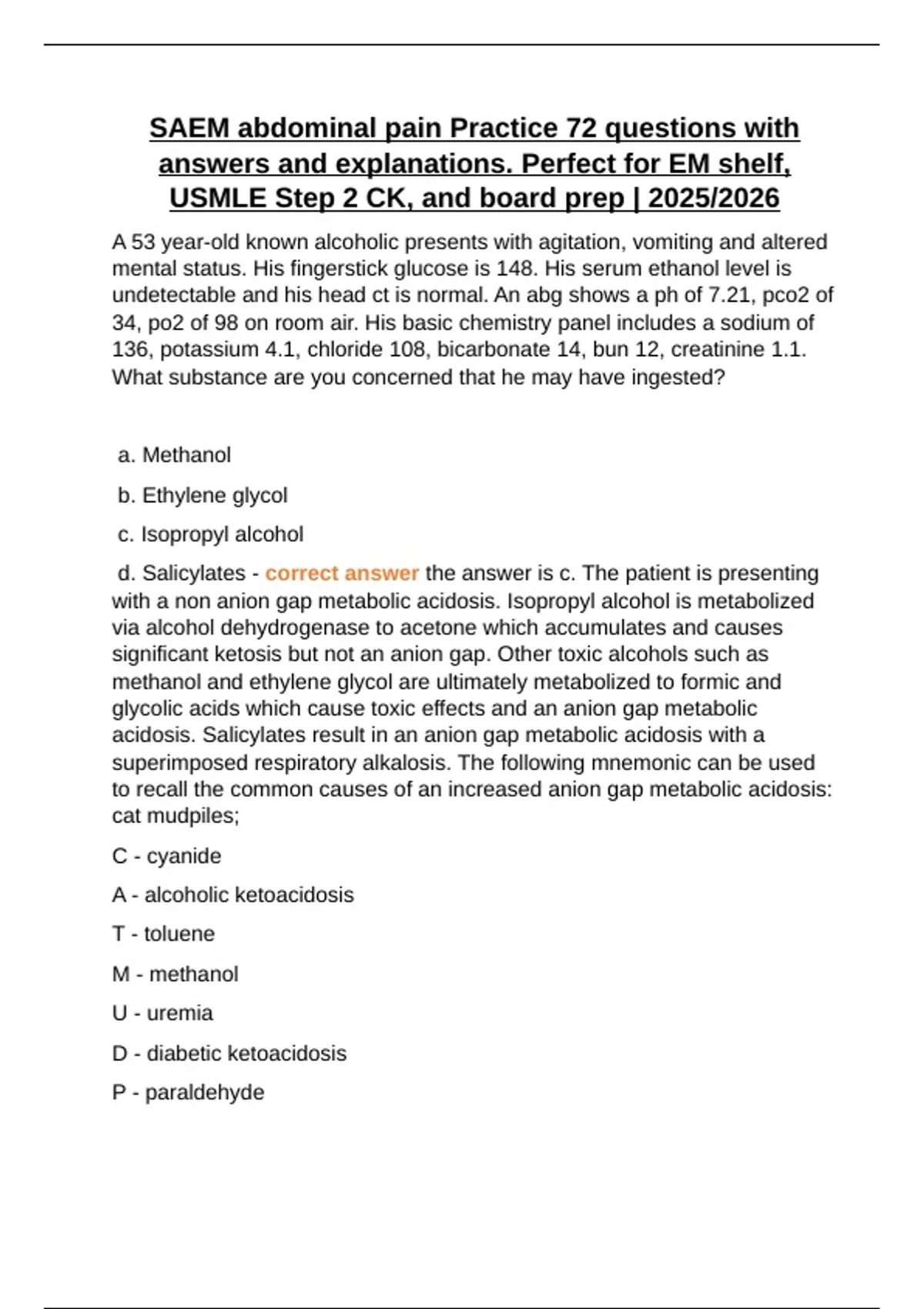 SAEM abdominal pain Practice 72 questions with answers and explanations ...