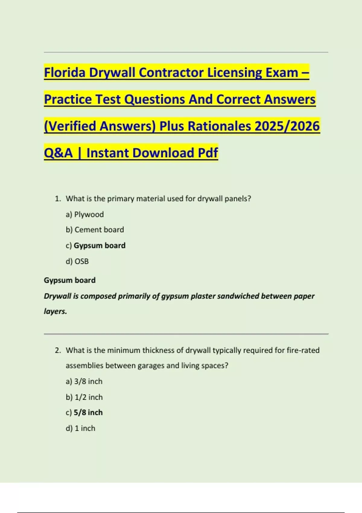 Florida Drywall Contractor Licensing Exam – Practice Test Questions And ...