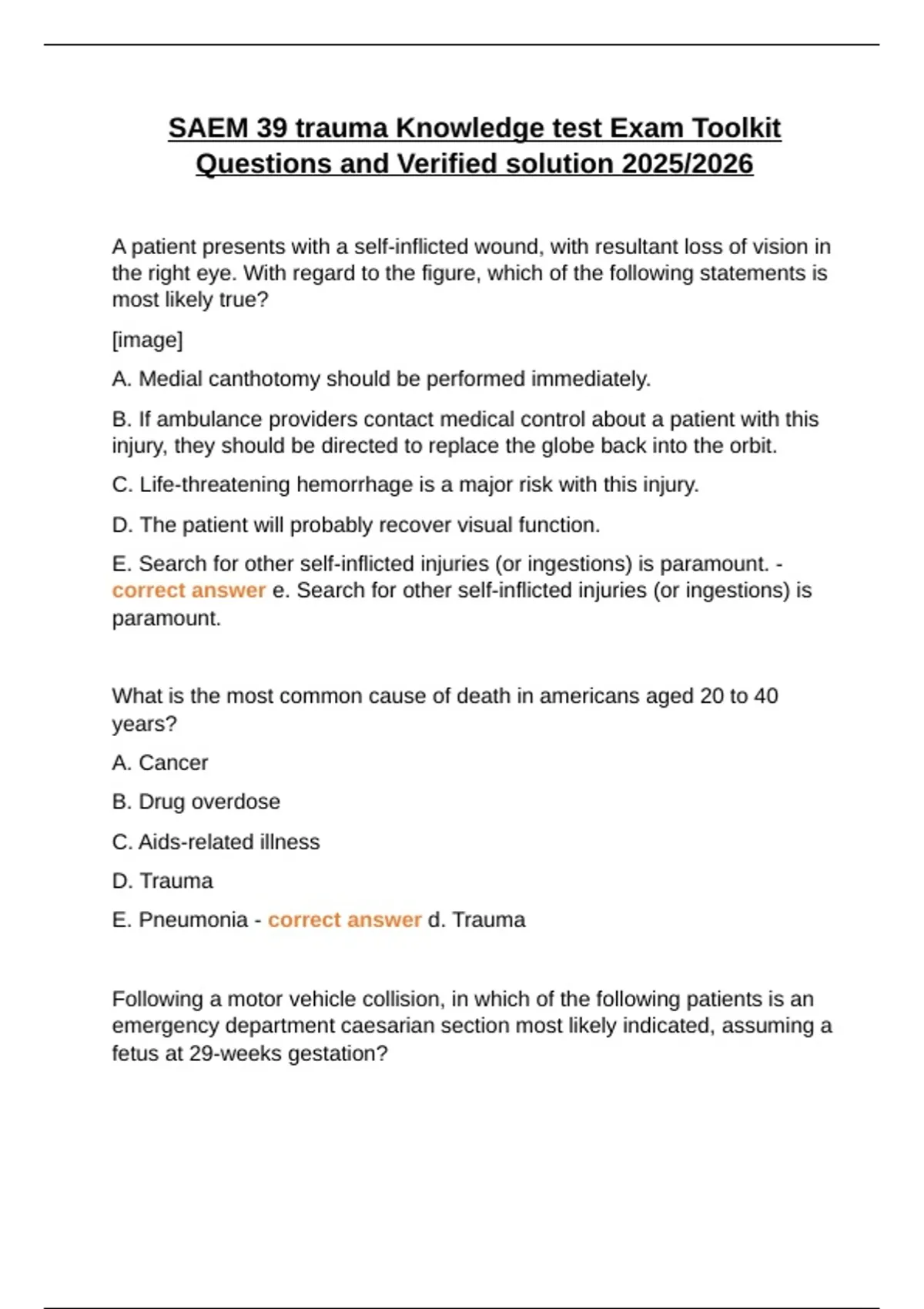 SAEM 39 trauma Knowledge test Exam Toolkit Questions and Verified ...