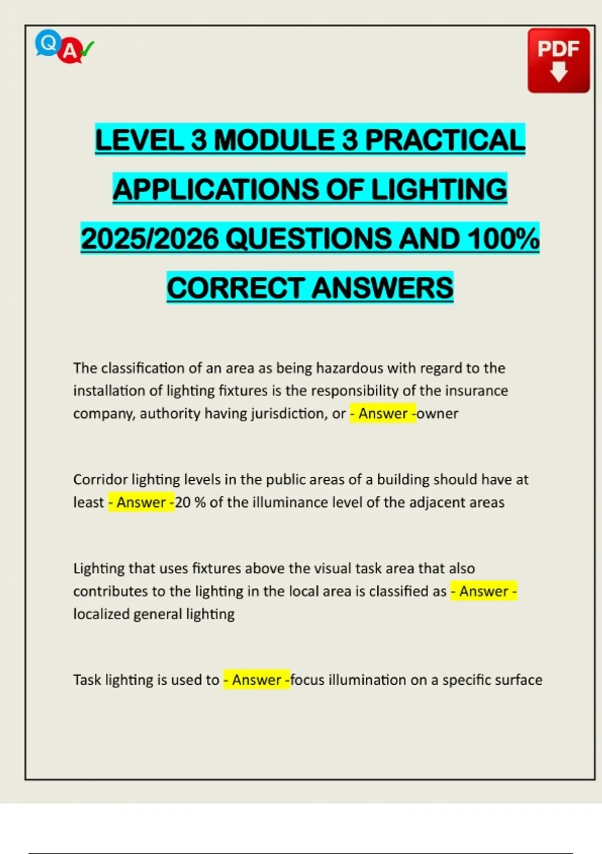 LEVEL 3 MODULE 3 PRACTICAL APPLICATIONS OF LIGHTING 2025/2026 QUESTIONS ...