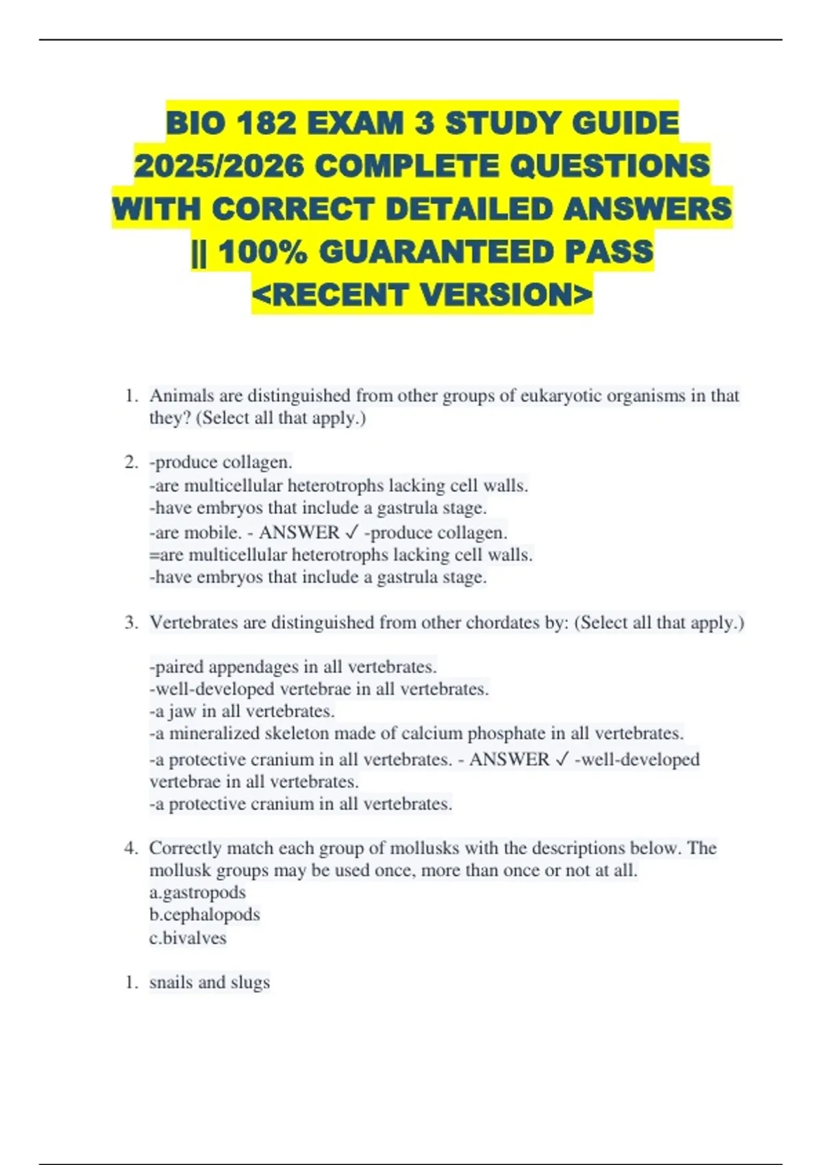 BIO 182 EXAM 3 STUDY GUIDE 2025/2026 COMPLETE QUESTIONS WITH CORRECT ...