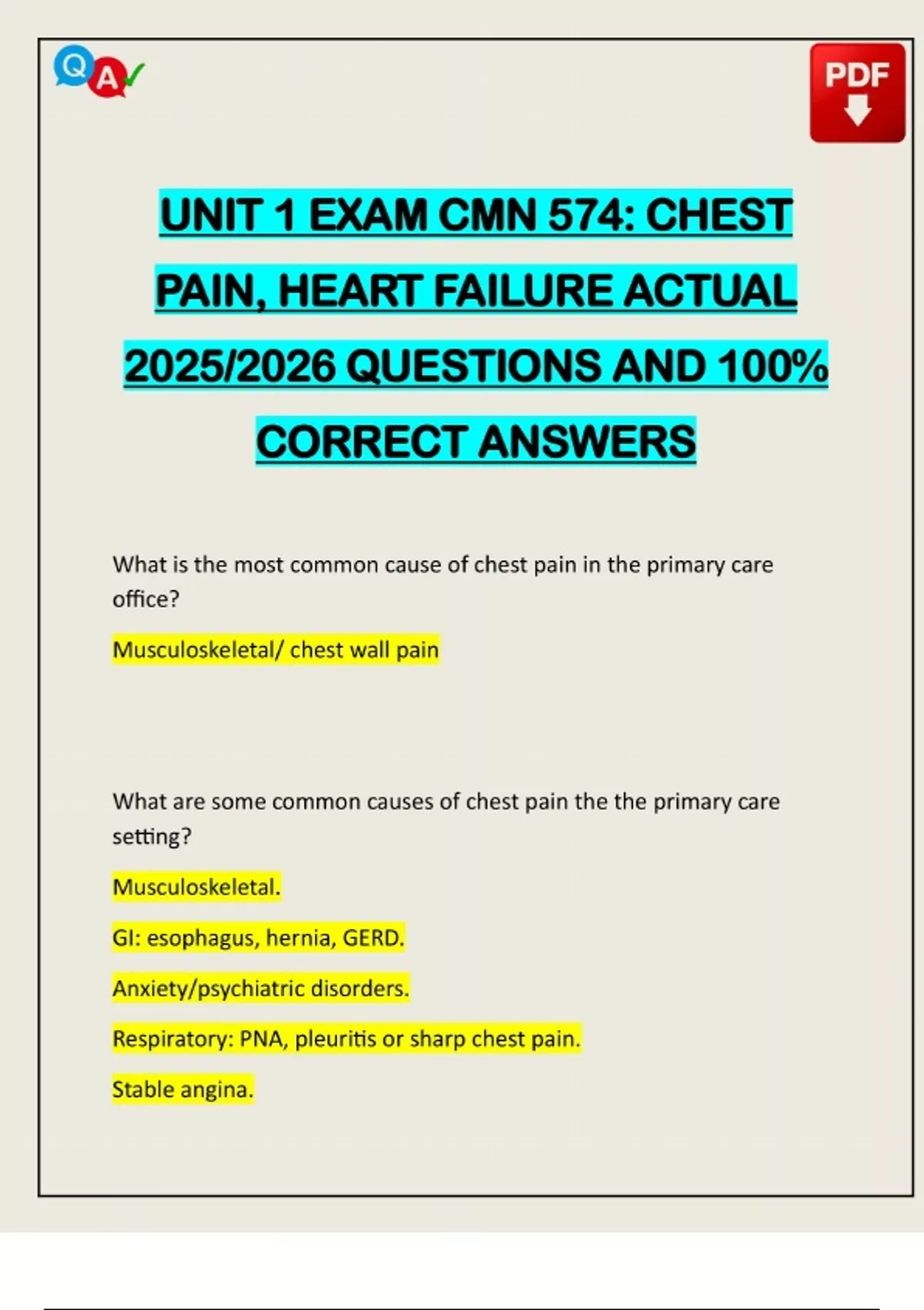 UNIT 1 EXAM CMN 574: CHEST PAIN, HEART FAILURE ACTUAL 2025/2026 ...
