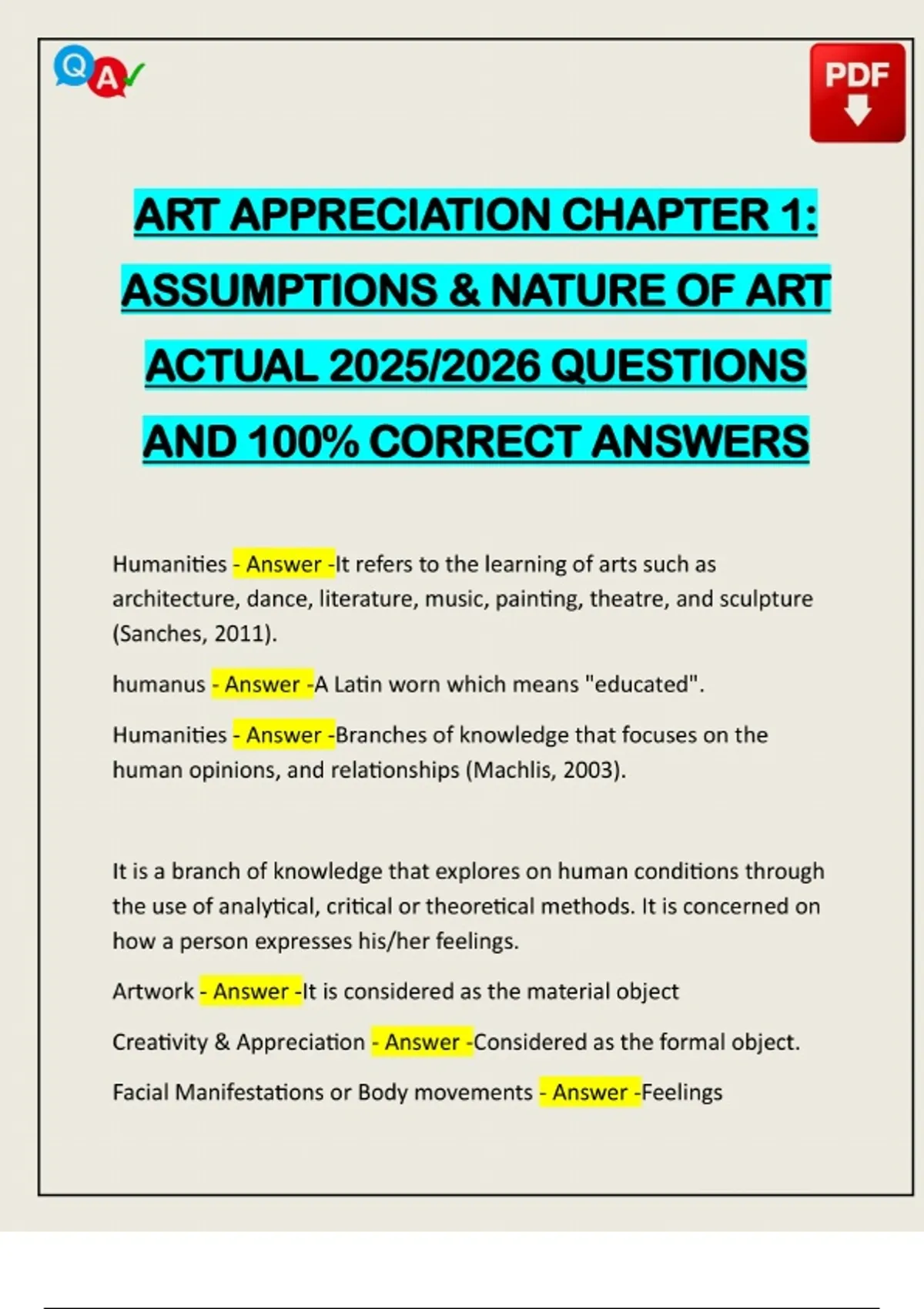 ART APPRECIATION CHAPTER 1: ASSUMPTIONS & NATURE OF ART ACTUAL 2025/2026 QUESTIONS AND 100% ...