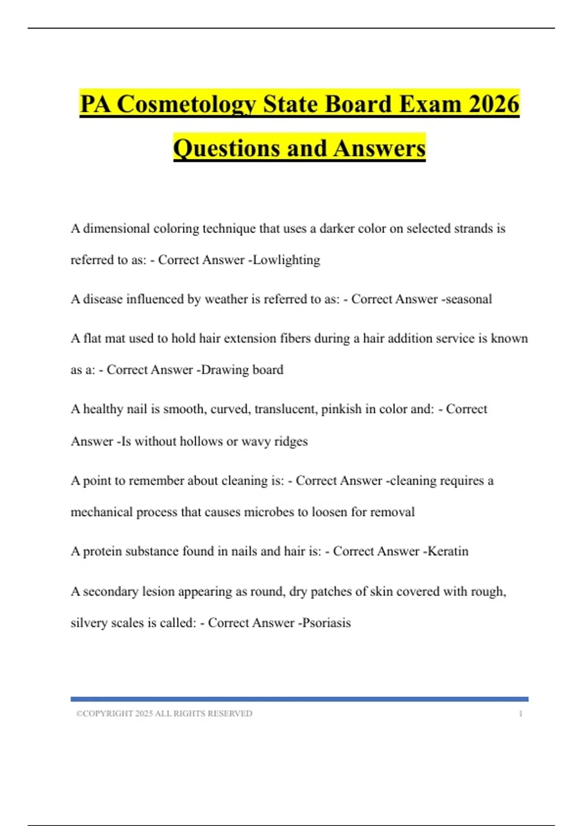 PA Cosmetology State Board Exam 2026 Questions and Answers ...