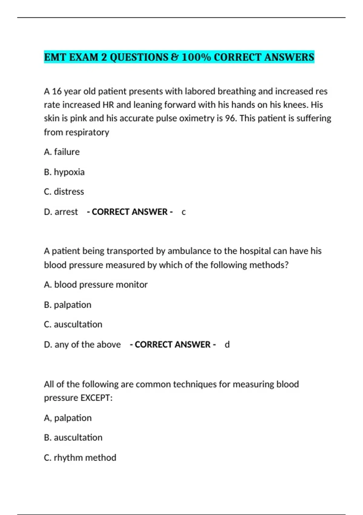 EMT Exam 2 – Complete Questions with Correct Answers (Emergency Medical ...