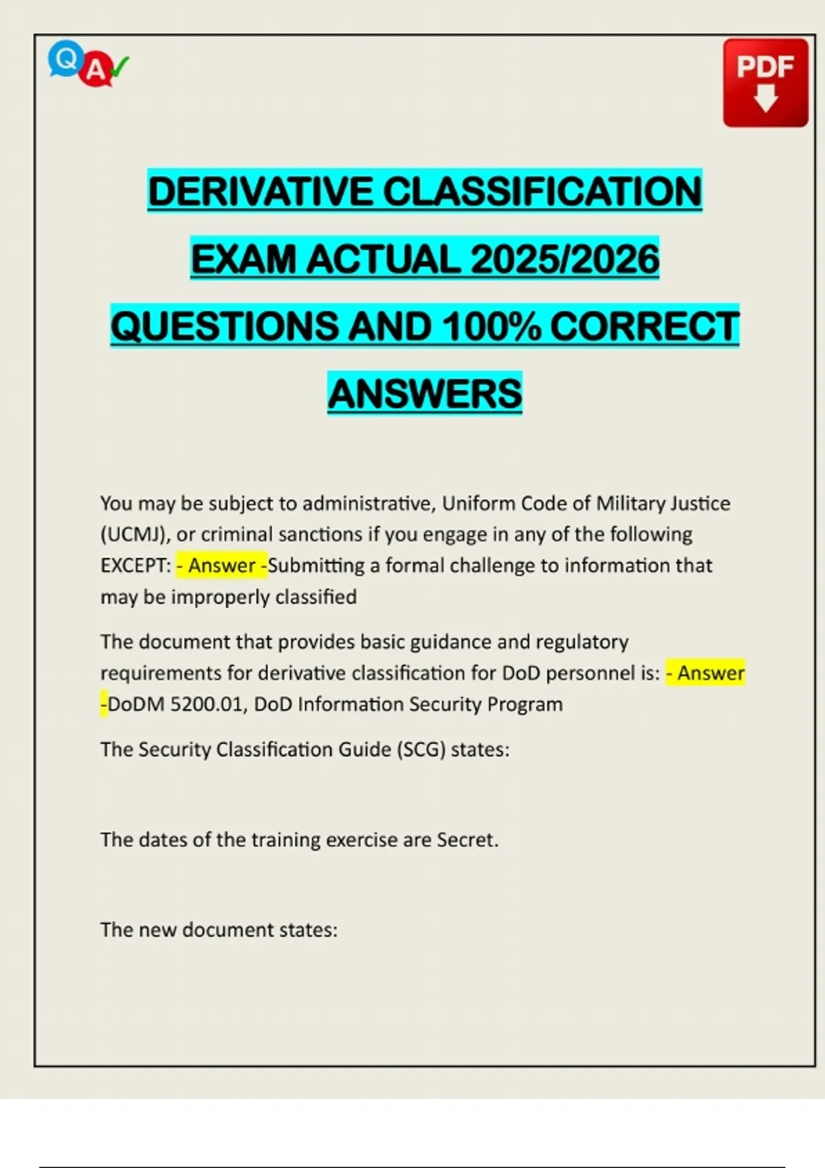 DERIVATIVE CLASSIFICATION EXAM ACTUAL 2025/2026 QUESTIONS AND 100% ...