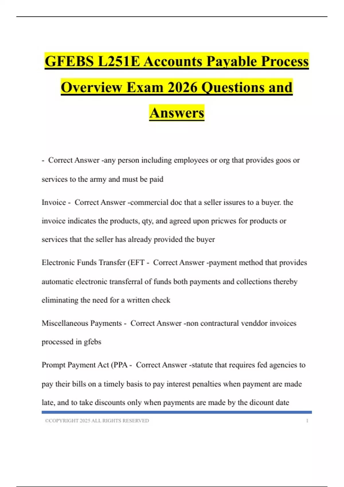 GFEBS L251E Accounts Payable Process Overview Exam 2026 Questions and ...