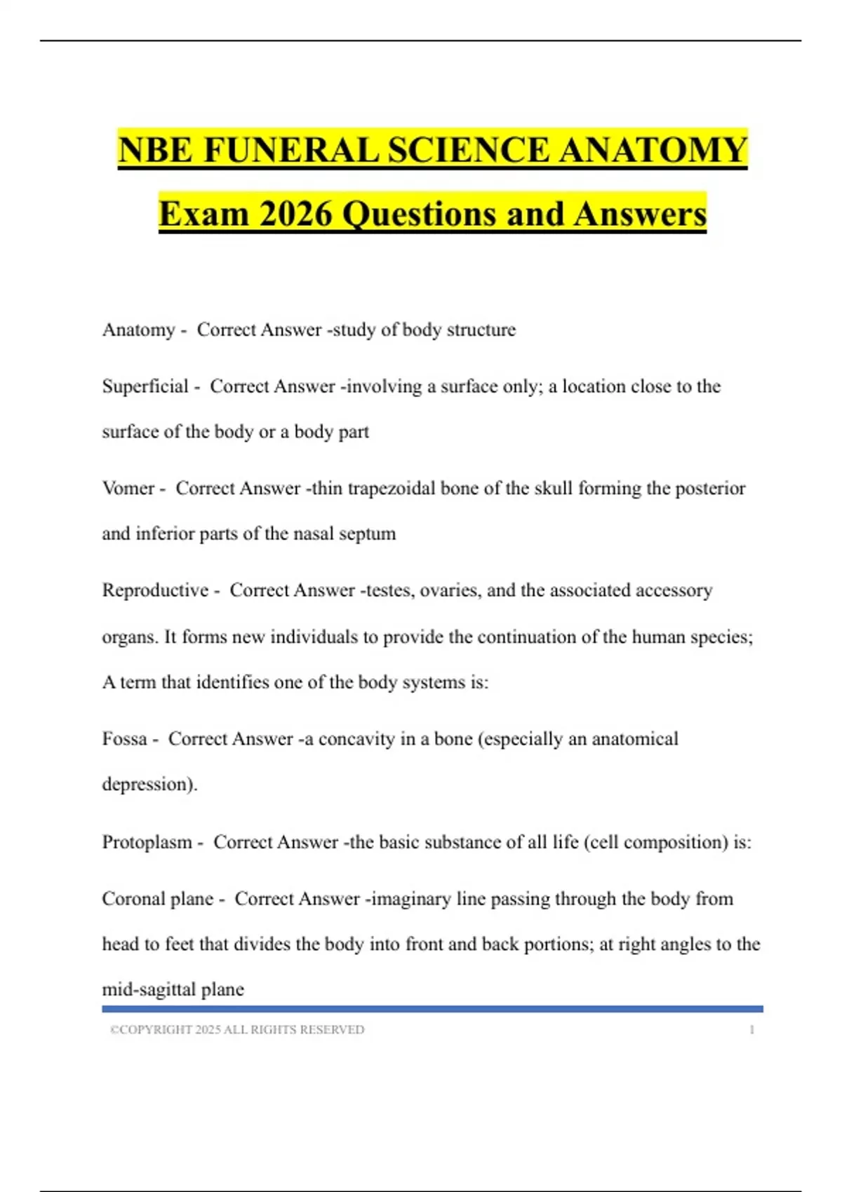NBE FUNERAL SCIENCE ANATOMY Exam 2026 Questions and Answers - NBE ...
