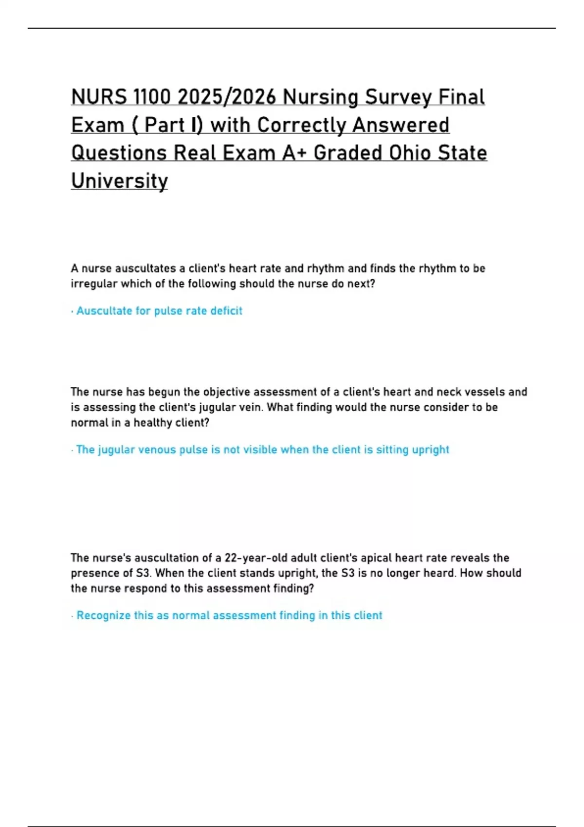 NURS /2026 Nursing Survey Final Exam ( Part I) with Correctly Answered ...
