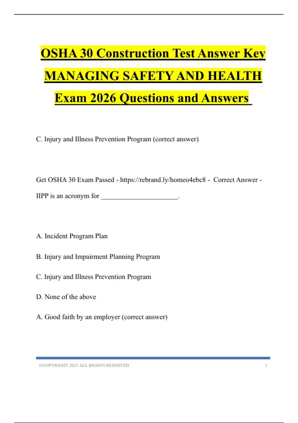 OSHA 30 Construction Test Answer Key MANAGING SAFETY AND HEALTH Exam ...