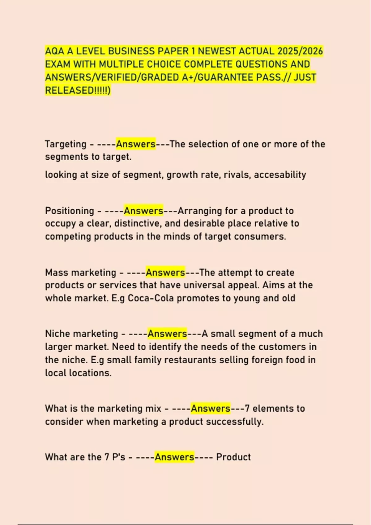 AQA A LEVEL BUSINESS PAPER 1 NEWEST ACTUAL 2025/2026 EXAM WITH MULTIPLE ...