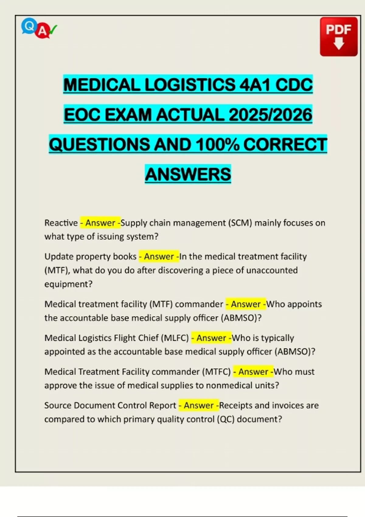 MEDICAL LOGISTICS 4A1 CDC EOC EXAM ACTUAL 2025/2026 QUESTIONS AND 100% ...