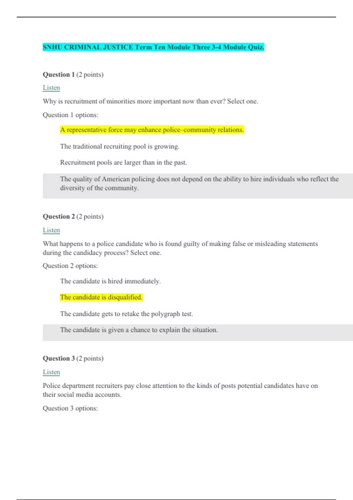 SNHU CRIMINAL JUSTICE | CJ 205 3-4 Module Quiz | Complete questions and ...