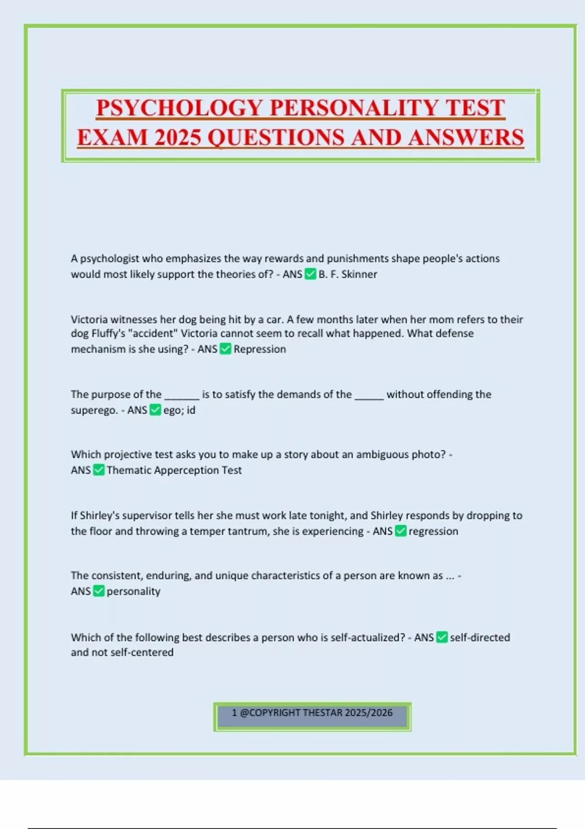 PSYCHOLOGY PERSONALITY TEST EXAM 2025 QUESTIONS AND ANSWERS ...