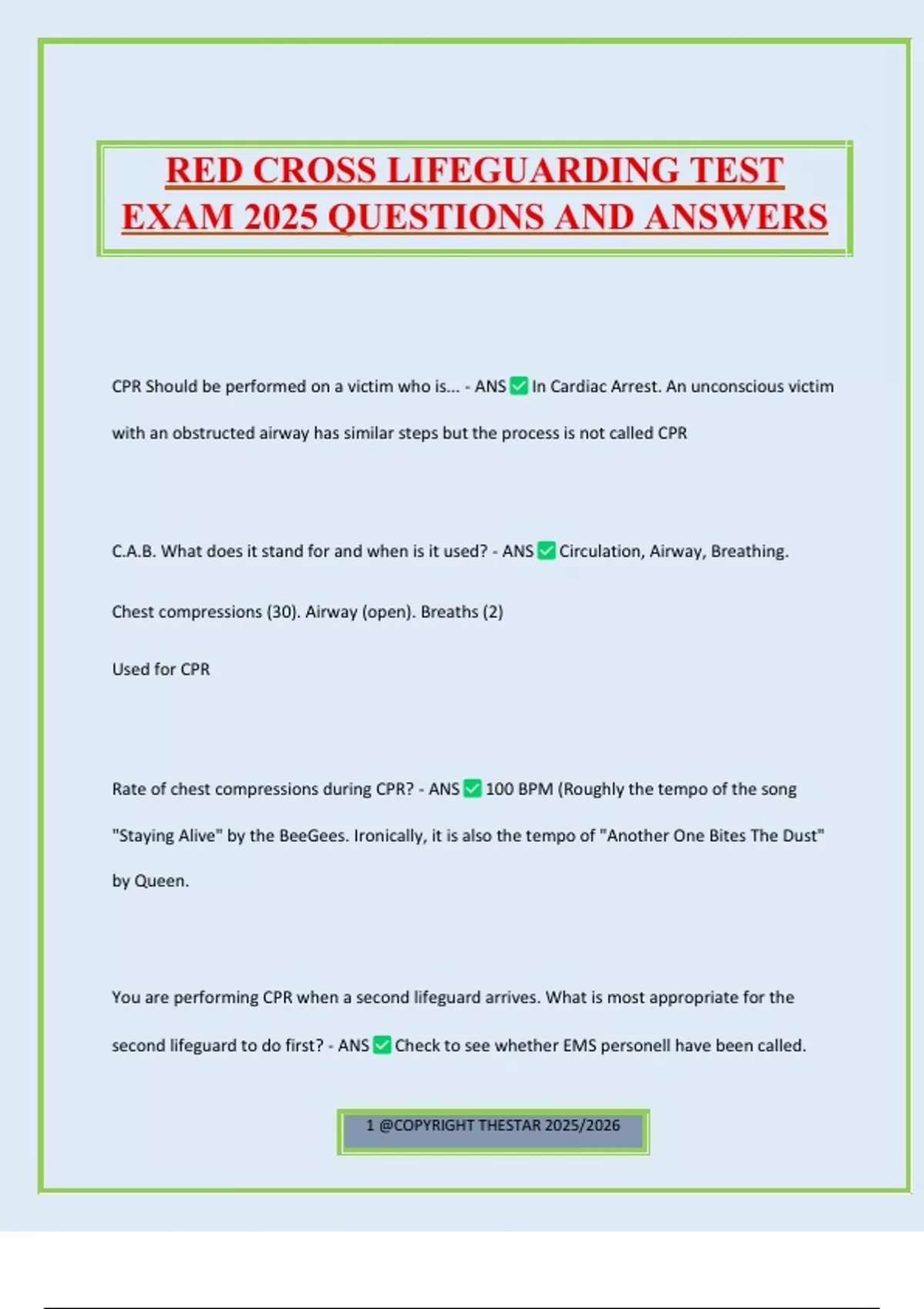 RED CROSS LIFEGUARDING TEST EXAM 2025 QUESTIONS AND ANSWERS - Red cross ...