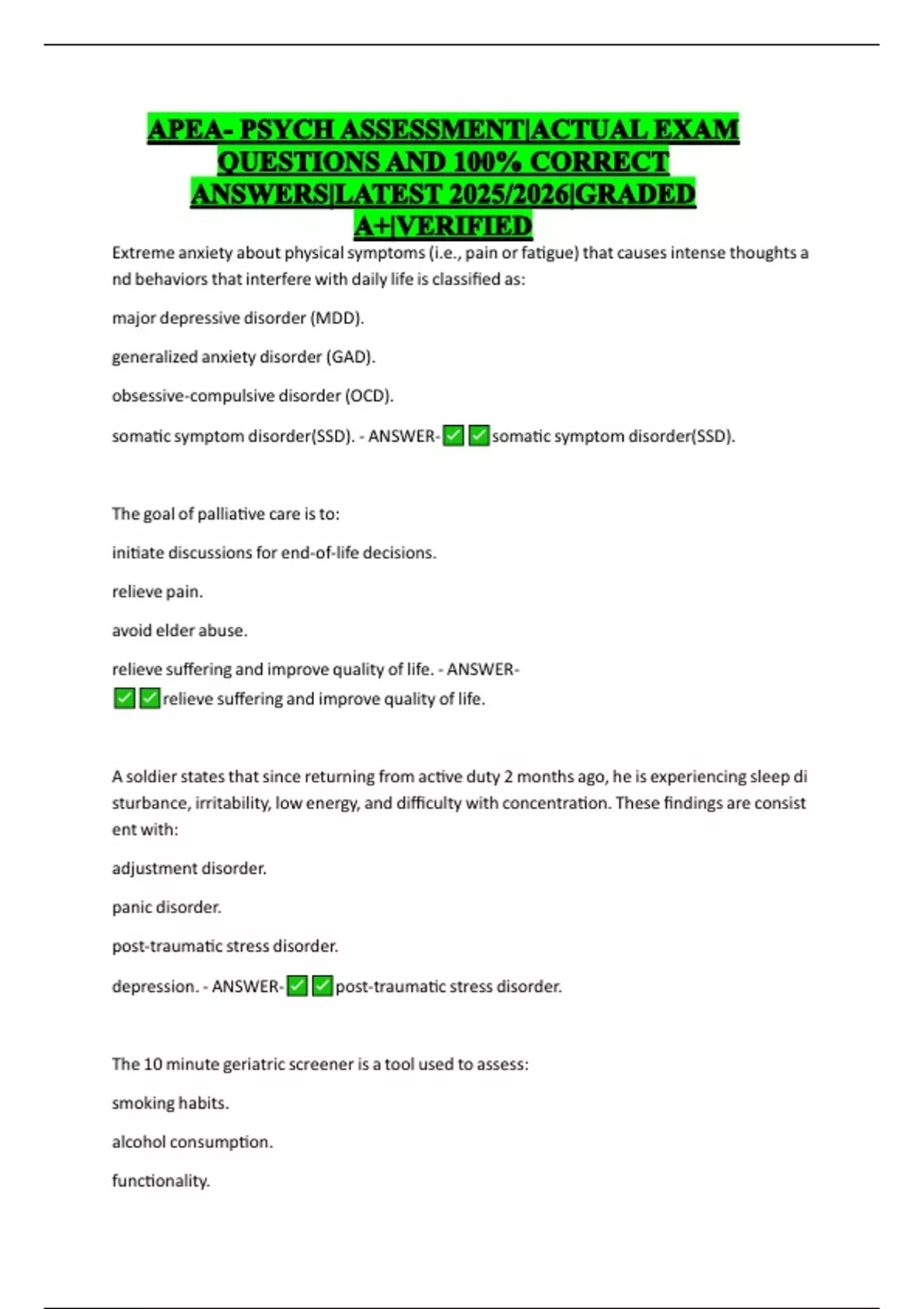 APEA- PSYCH ASSESSMENT|ACTUAL EXAM QUESTIONS AND 100% CORRECT ANSWERS ...