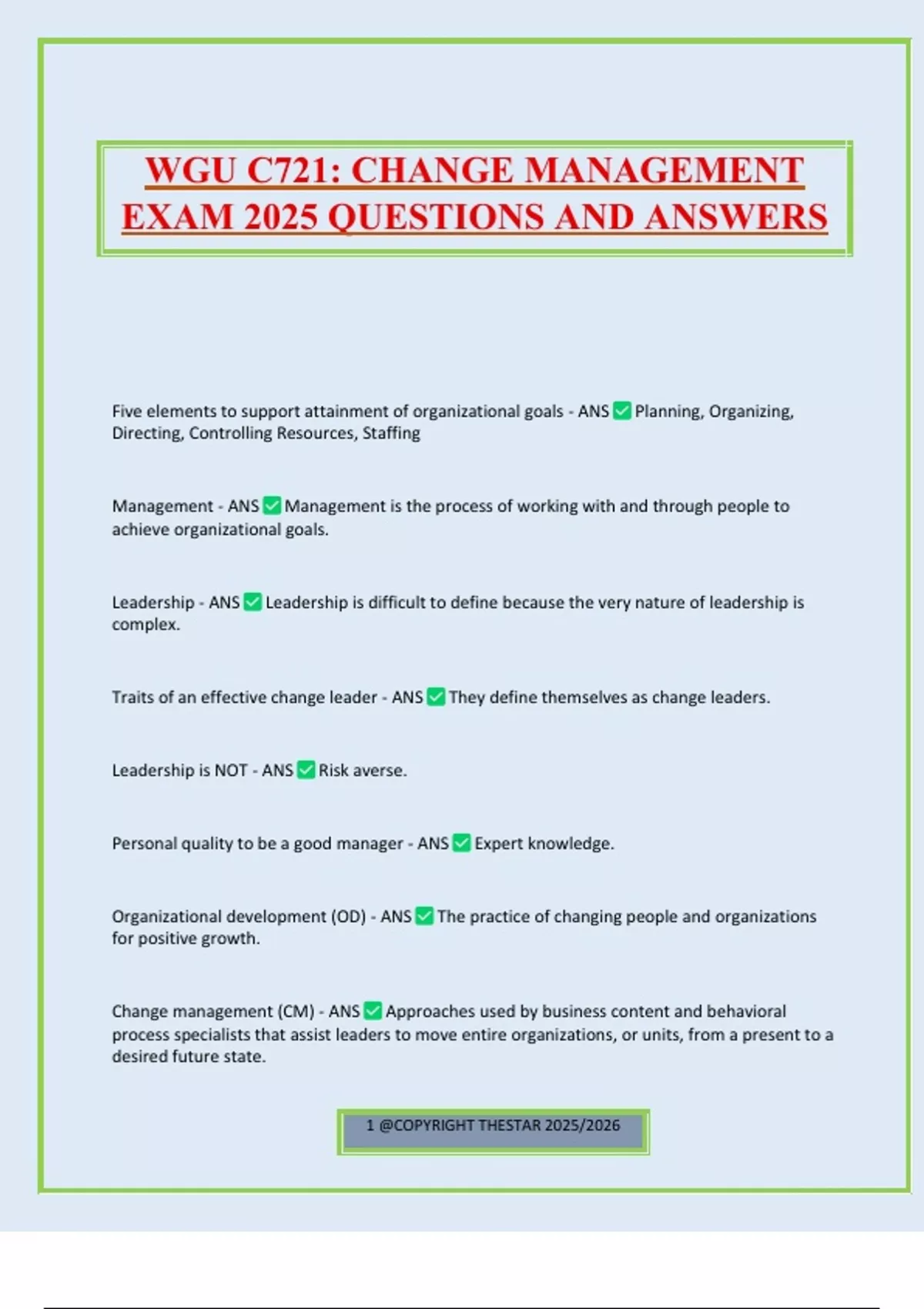 WGU C721: CHANGE MANAGEMENT EXAM 2025 QUESTIONS AND ANSWERS - WGU C721 ...