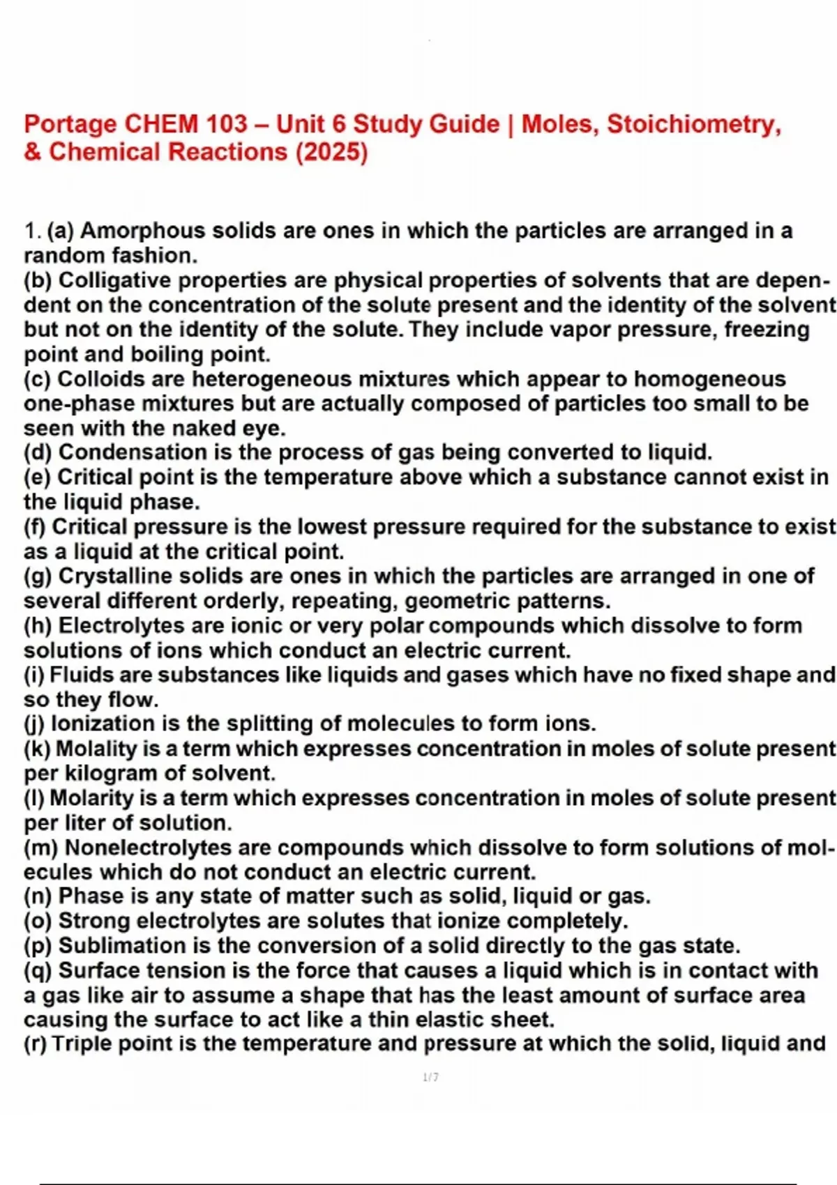 Portage CHEM 103 – Unit 6 Study Guide Moles, Stoichiometry, & Chemical ...