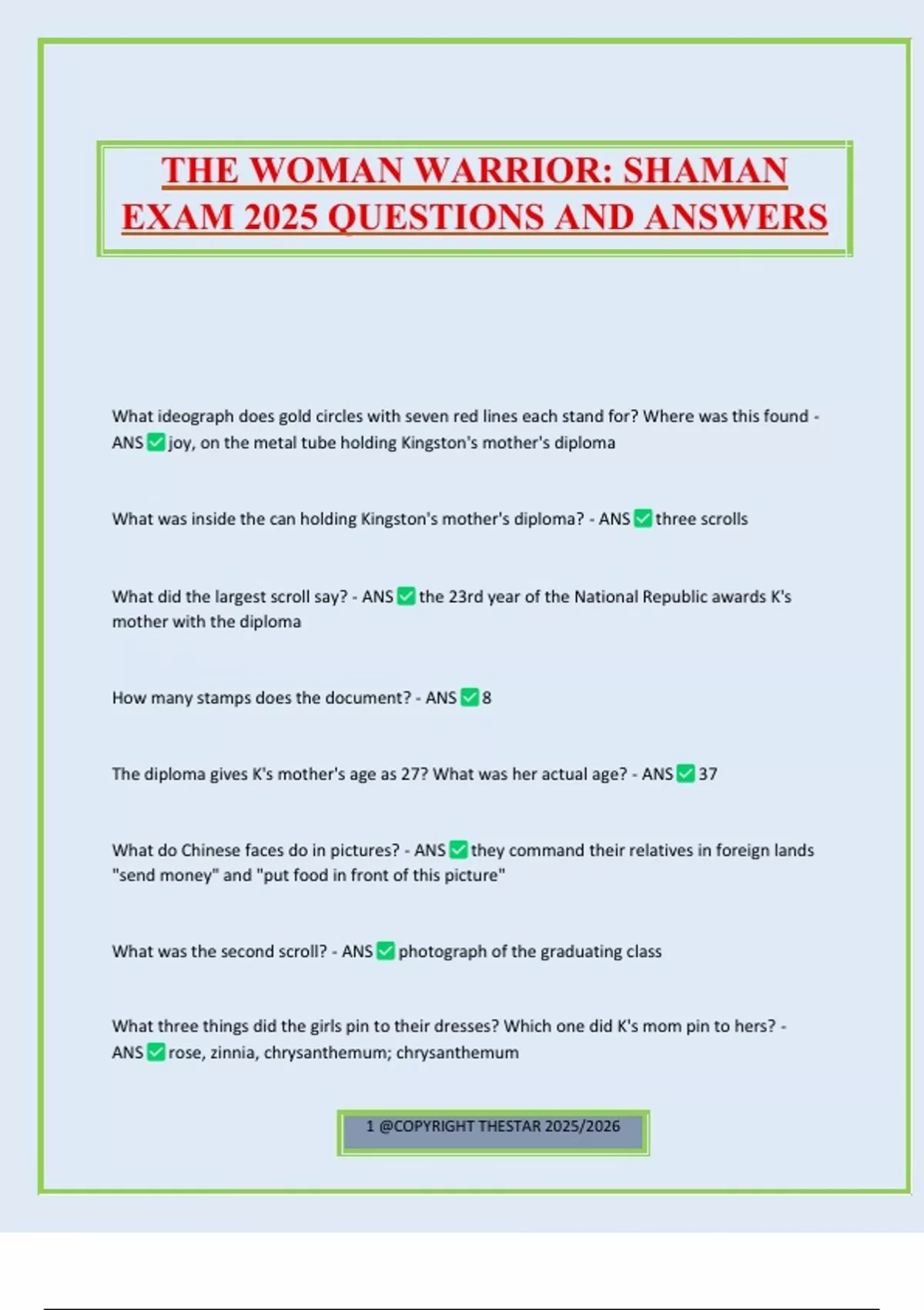 THE WOMAN WARRIOR: SHAMAN EXAM 2025 QUESTIONS AND ANSWERS - WOMAN ...