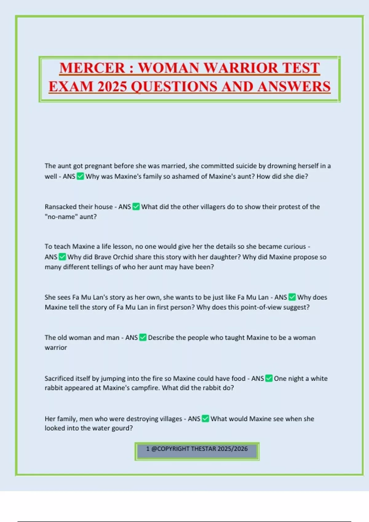 MERCER : WOMAN WARRIOR TEST EXAM 2025 QUESTIONS AND ANSWERS - WOMAN ...