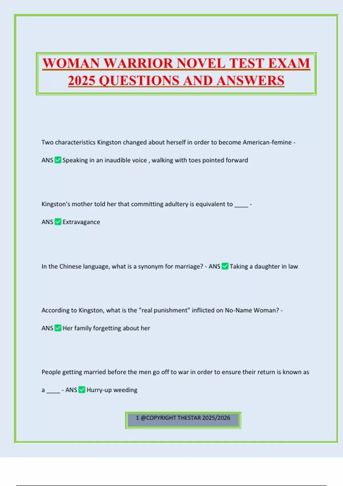 WOMAN WARRIOR NOVEL TEST EXAM 2025 QUESTIONS AND ANSWERS - WOMAN ...