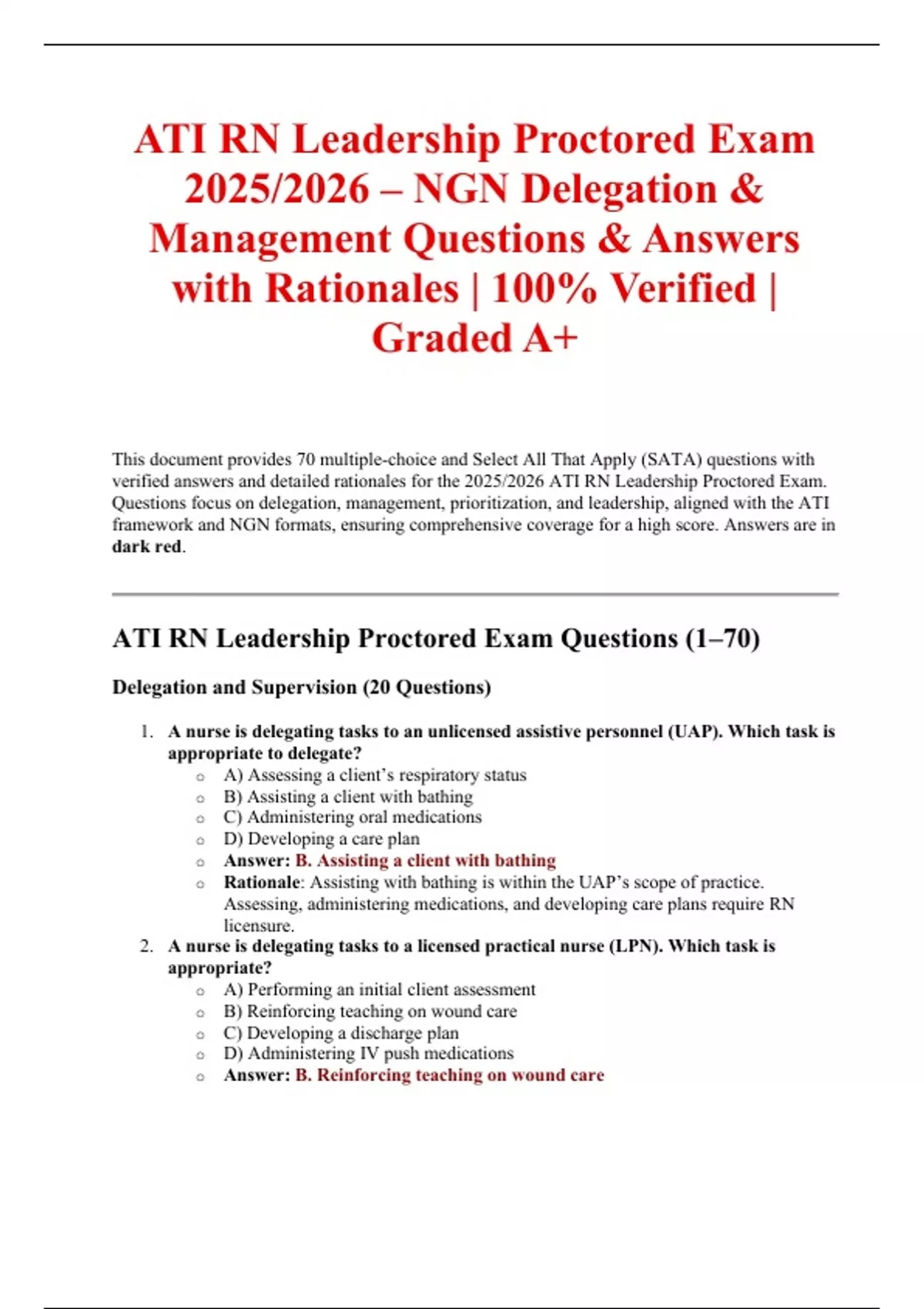 ATI RN Leadership Proctored Exam 2025/2026 – NGN Delegation ...