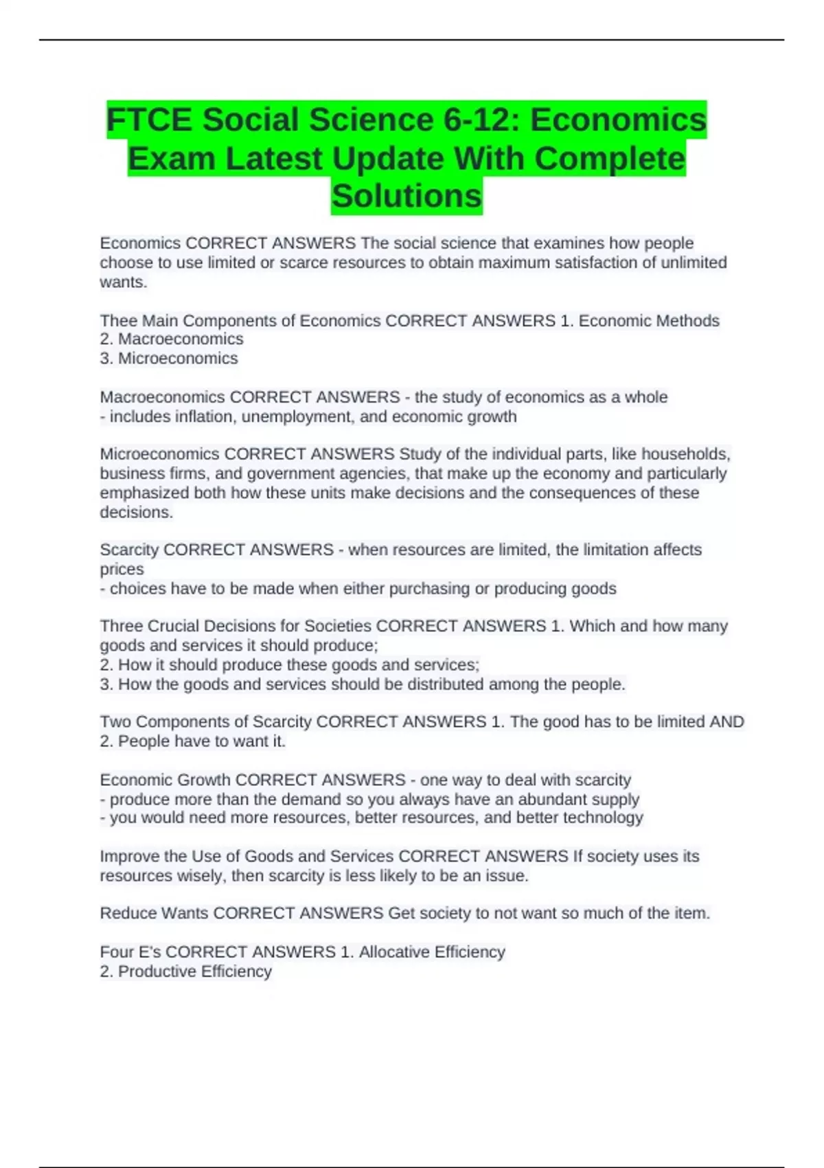 FTCE Social Science 6-12: Economics Exam Latest Update With Complete ...