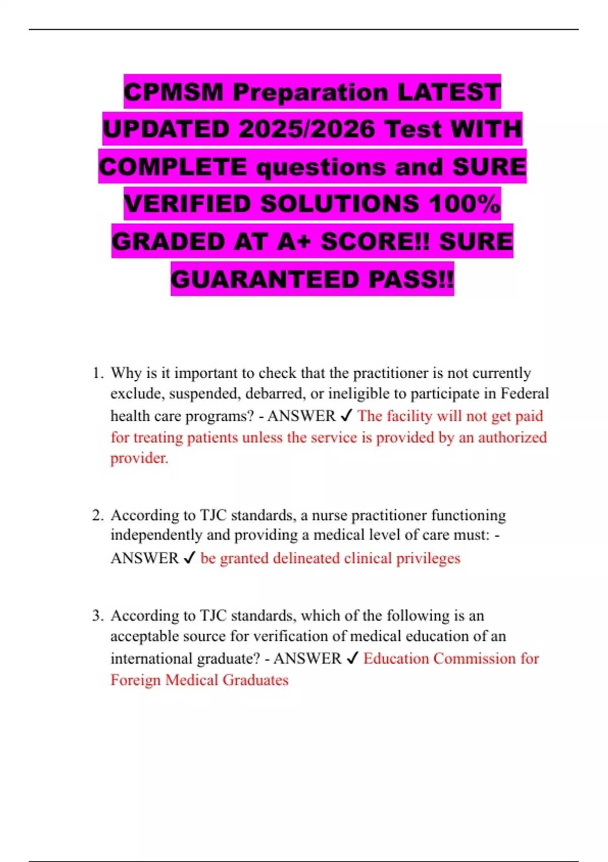 CPMSM Preparation LATEST UPDATED 2025/2026 Test WITH COMPLETE questions ...
