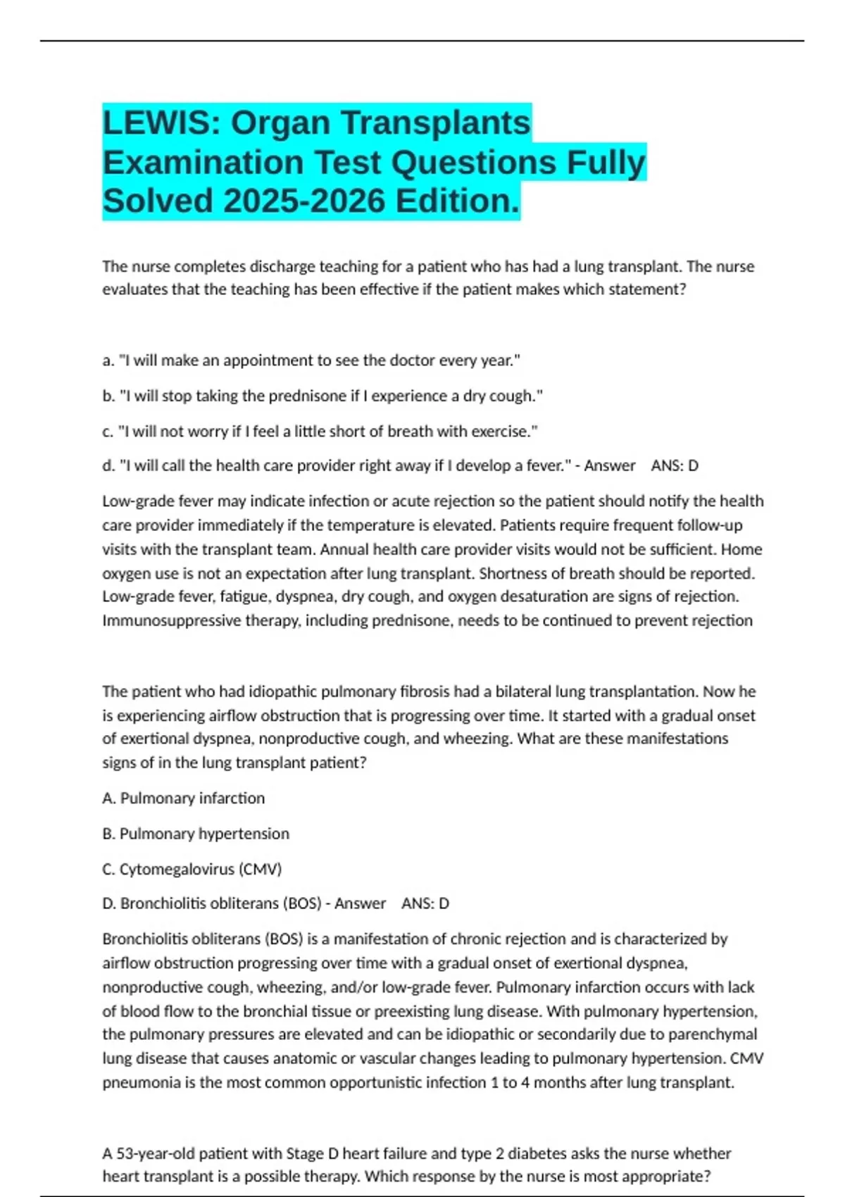 LEWIS: Organ Transplants Examination Test Questions Fully Solved ...