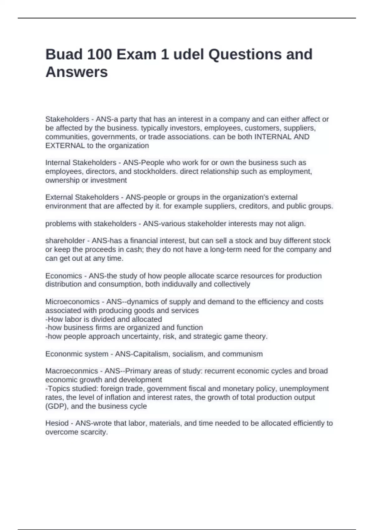Buad 100 Exam 1 udel Questions and Answers - BUAD - Stuvia US