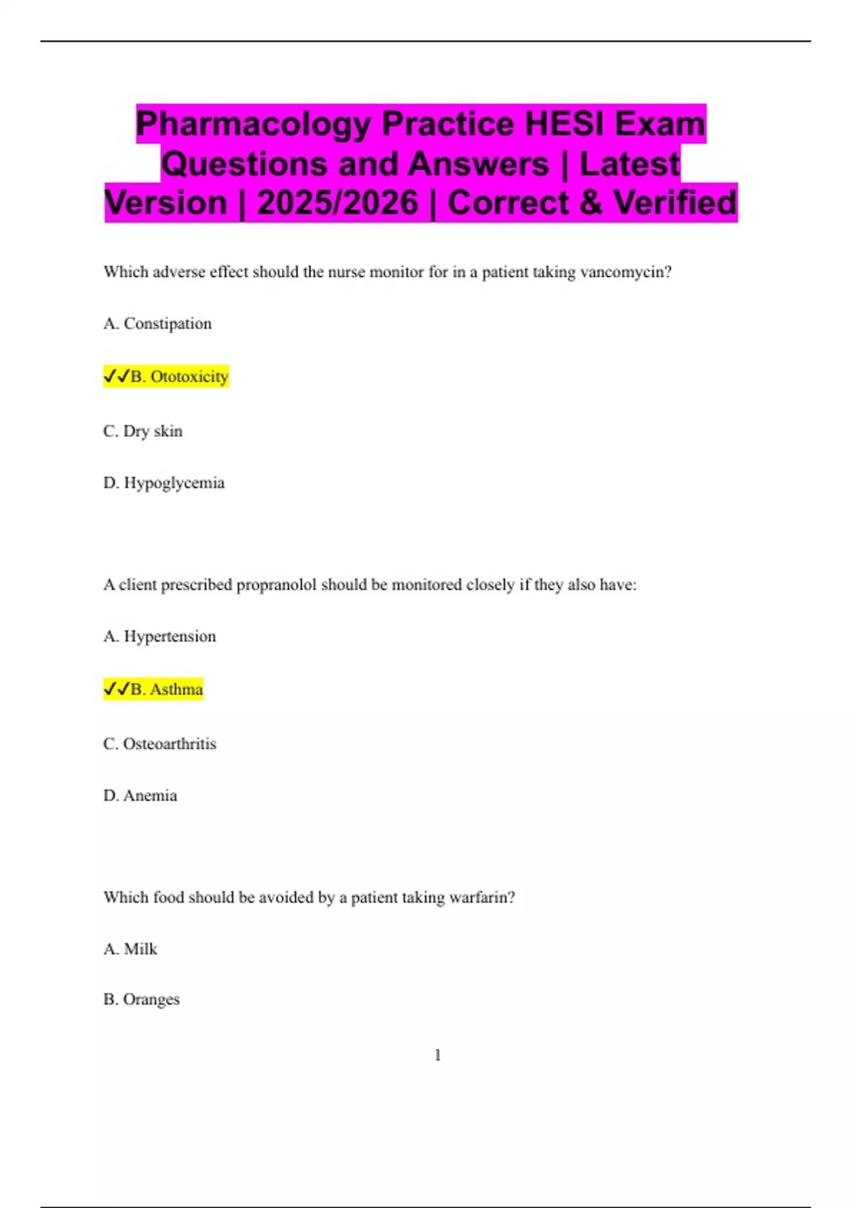 Pharmacology Practice HESI Exam Questions and Answers | Latest Version ...