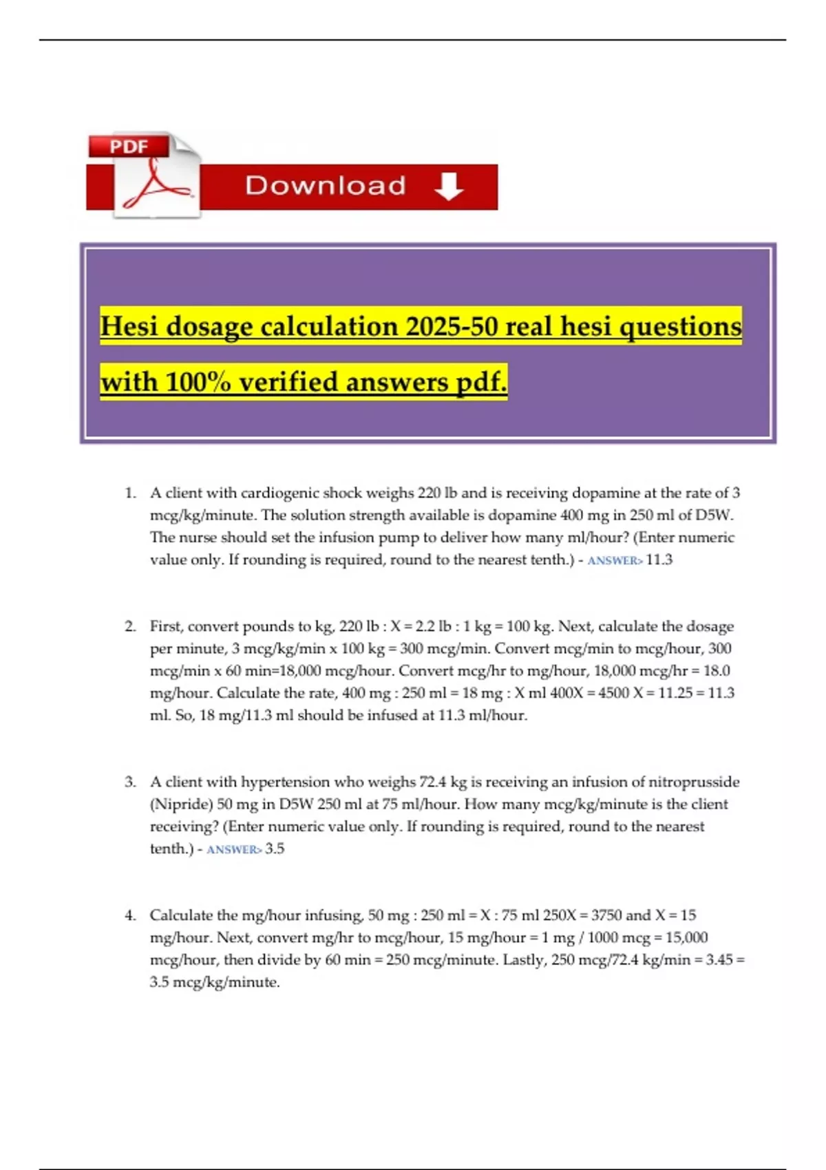 HESI Dosage Calculation 2025 | Nursing Math Practice Questions and ...