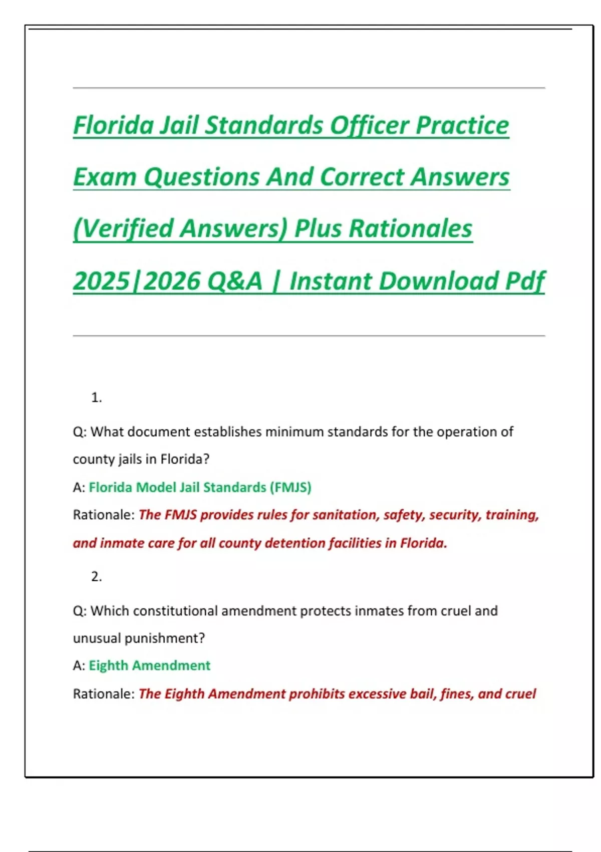 Florida Jail Standards Officer Practice Exam Questions And Correct ...