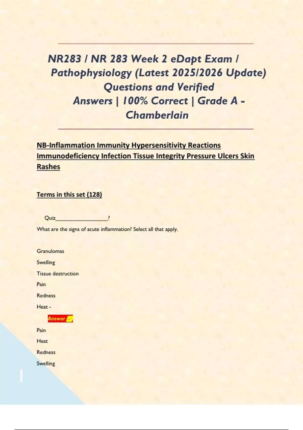 NR283 / NR 283 Week 2 eDapt Exam / Pathophysiology (Latest 2025/2026 ...