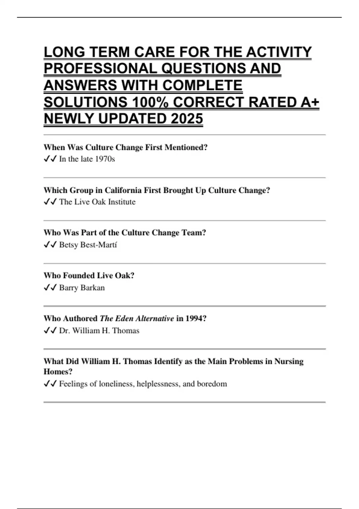 LONG TERM CARE FOR THE ACTIVITY PROFESSIONAL QUESTIONS AND ANSWERS WITH ...