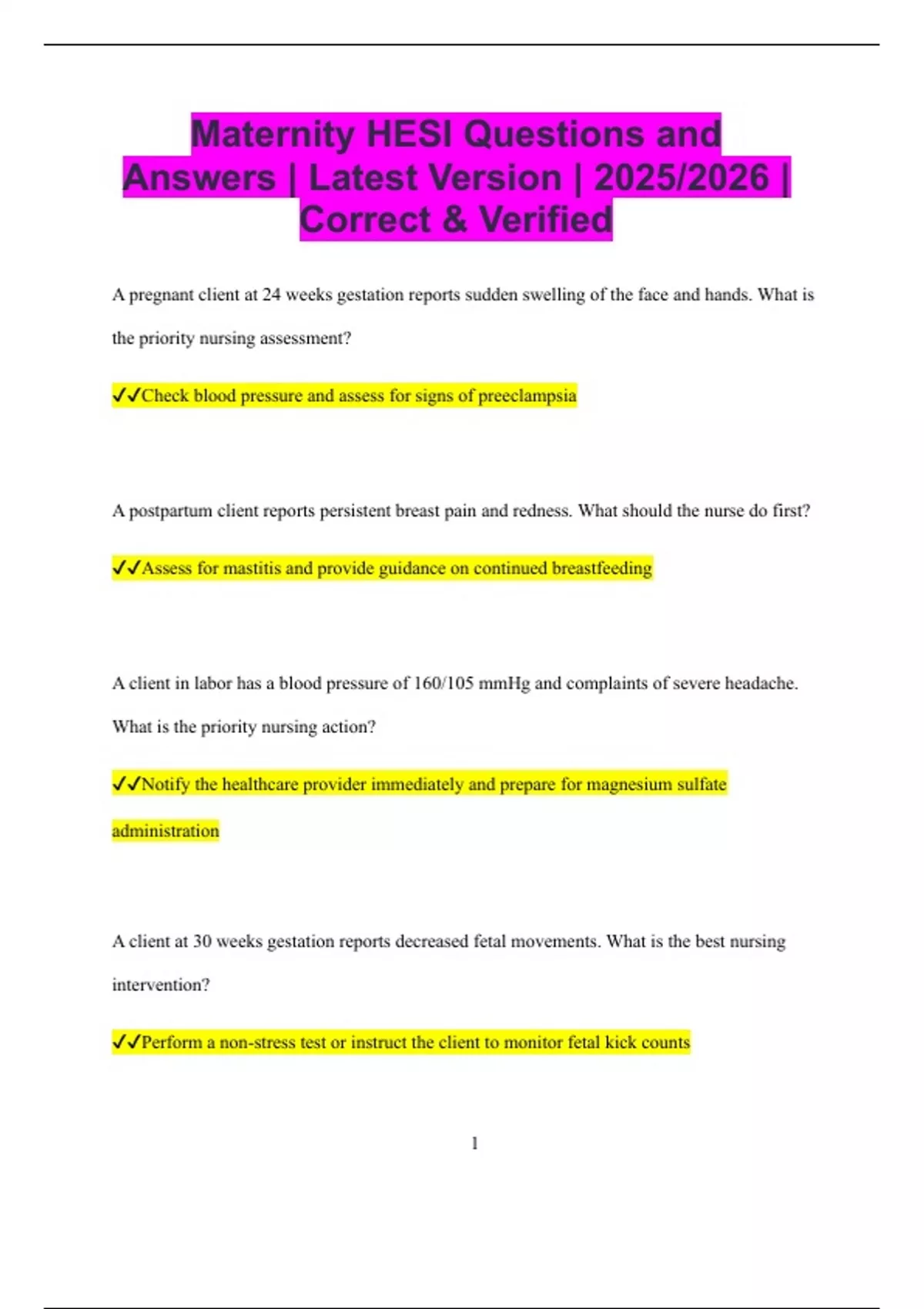 Maternity HESI Questions and Answers | Latest Version | 2025/2026 ...