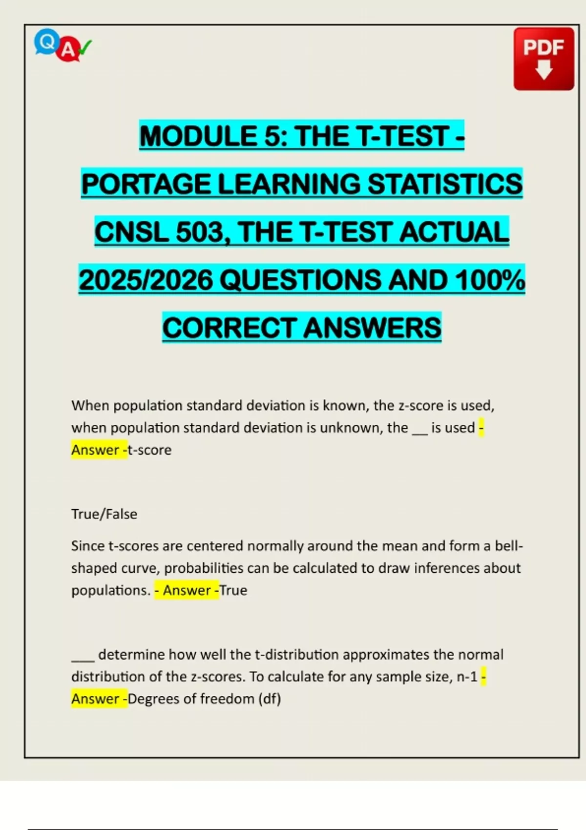MODULE 5: THE T-TEST - PORTAGE LEARNING STATISTICS CNSL 503, THE T-TEST ...