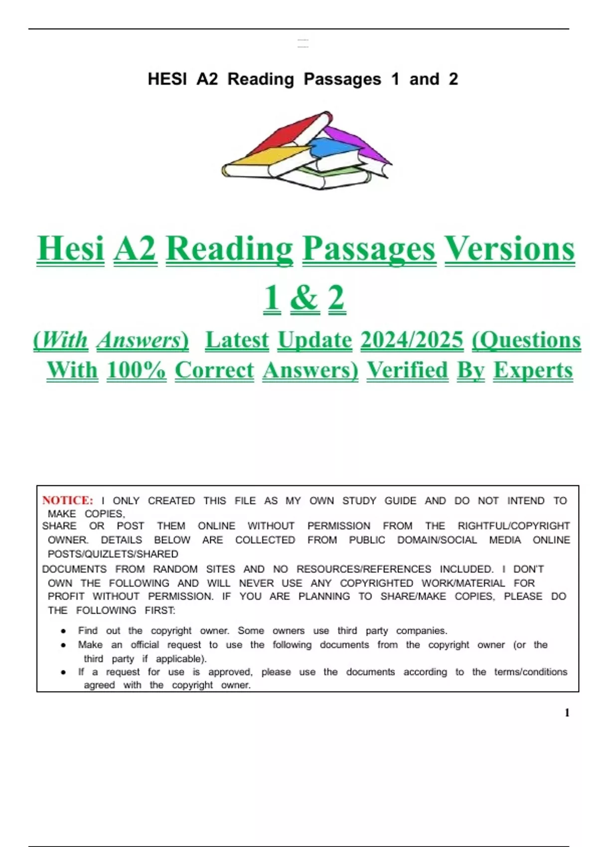 Hesi A2 Reading Passages Versions 1 & 2 (With Answers) Latest Update ...