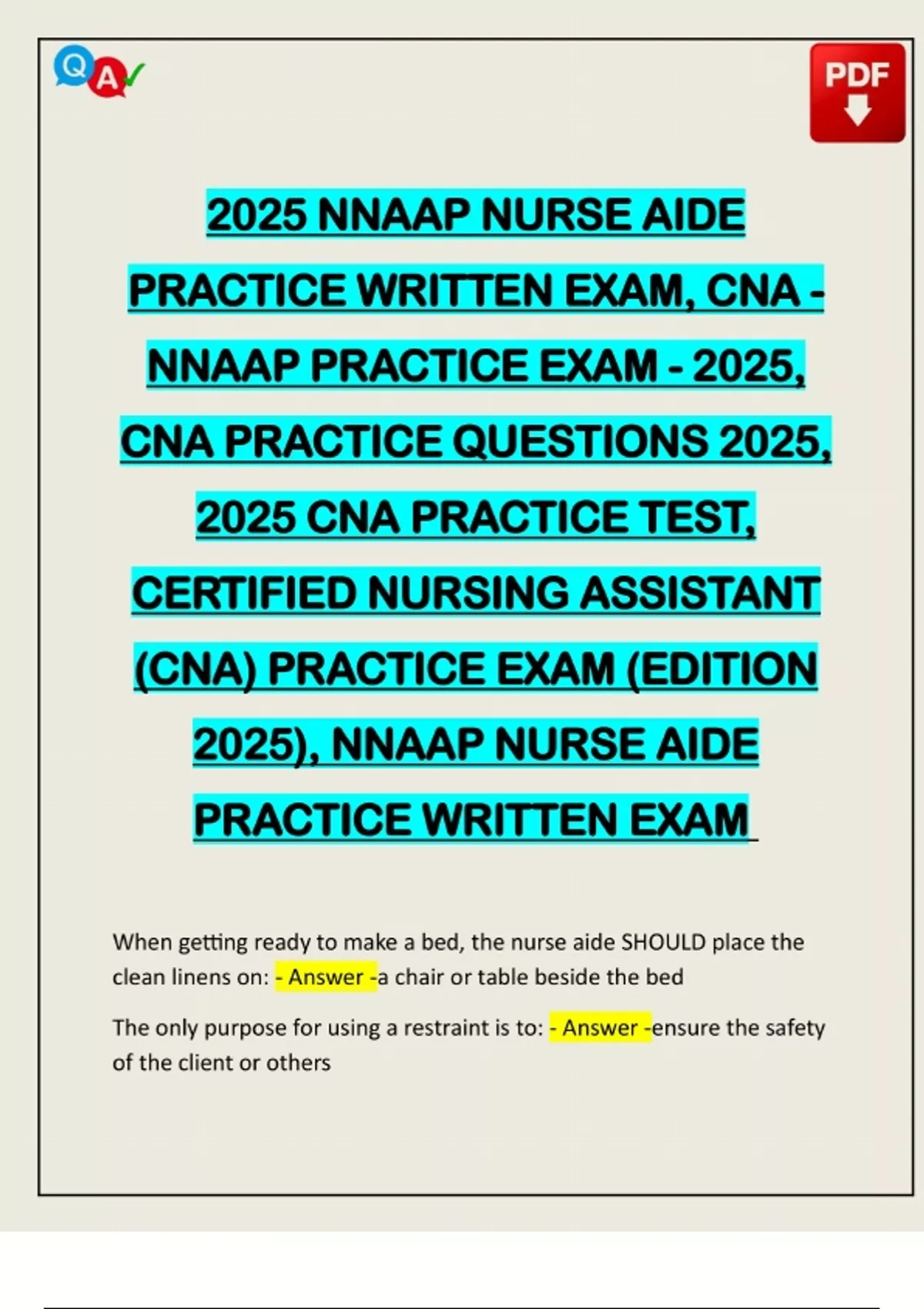 2025 NNAAP NURSE AIDE PRACTICE WRITTEN EXAM, CNA - NNAAP PRACTICE EXAM ...