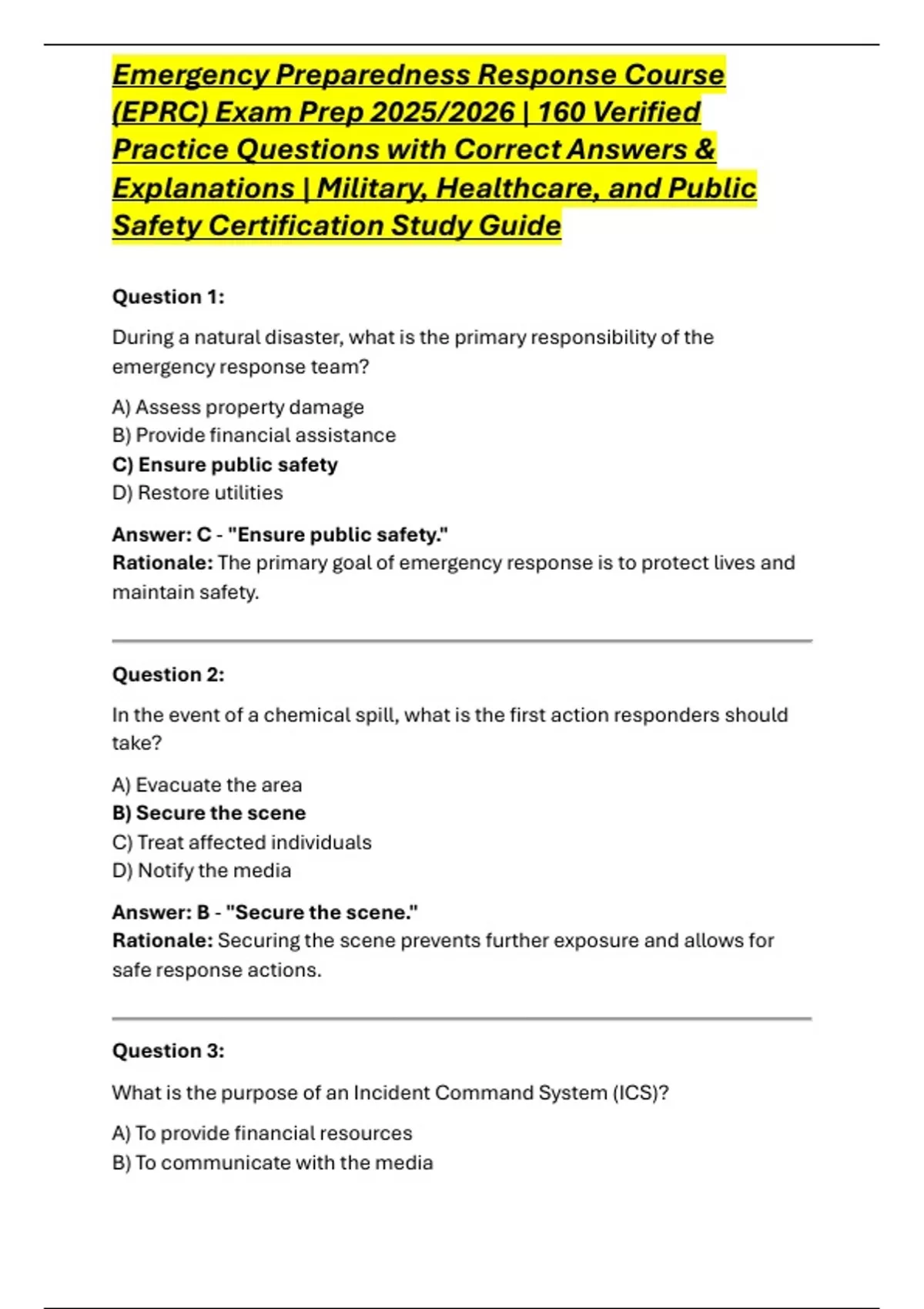 Emergency Preparedness Response Course (EPRC) Exam Prep 2025/2026 | 160 Verified Practice ...