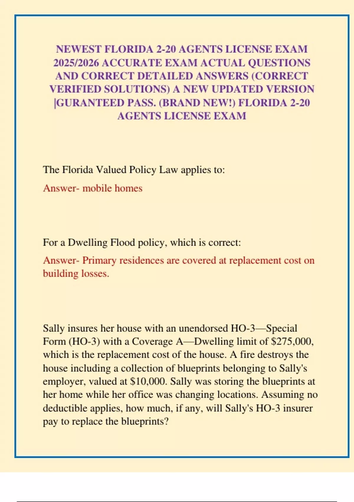NEWEST FLORIDA 2-20 AGENTS LICENSE EXAM 2025/2026 ACCURATE EXAM ACTUAL ...