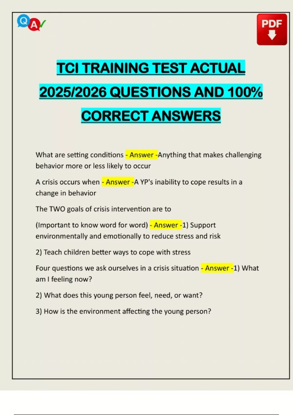 TCI TRAINING TEST ACTUAL 2025/2026 QUESTIONS AND 100% CORRECT ANSWERS ...