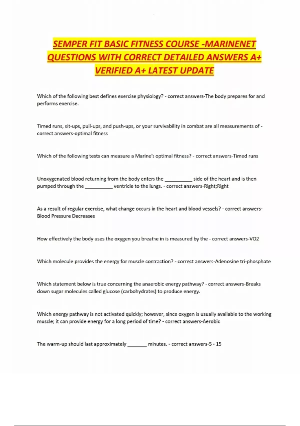 SEMPER FIT BASIC FITNESS COURSE -MARINENET QUESTIONS WITH CORRECT ...