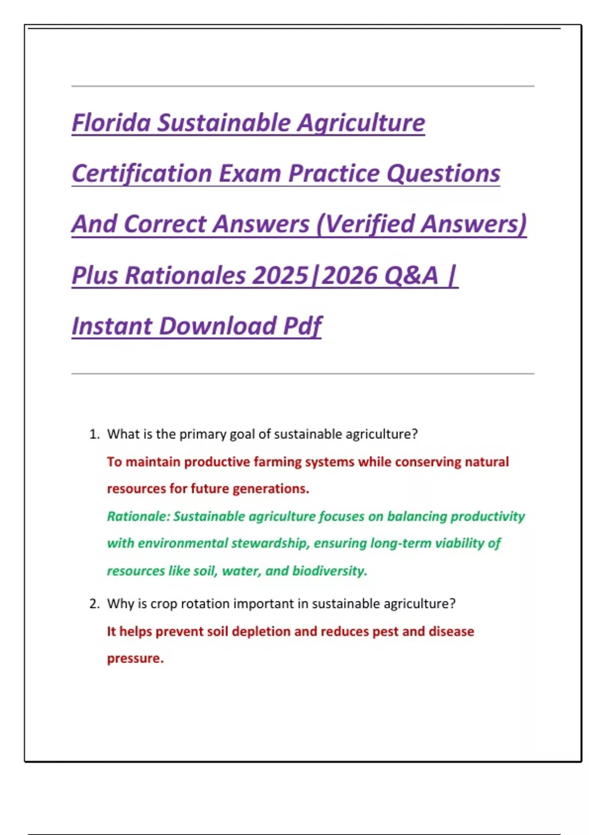 Florida Sustainable Agriculture Certification Exam Practice Questions ...
