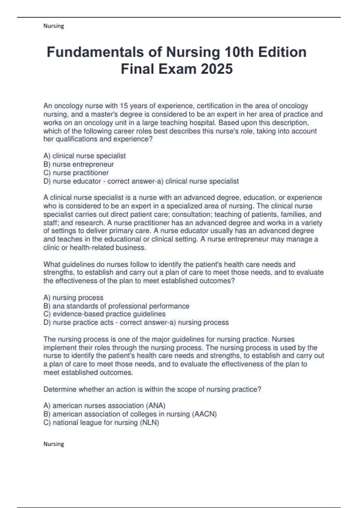 Fundamentals Of Nursing Final Exam