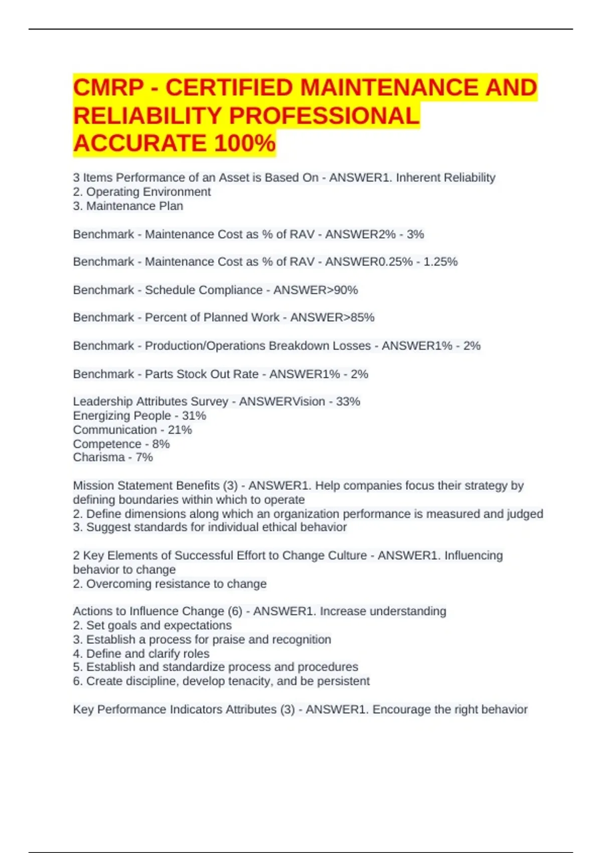 CMRP - CERTIFIED MAINTENANCE AND RELIABILITY PROFESSIONAL ACCURATE 100% ...